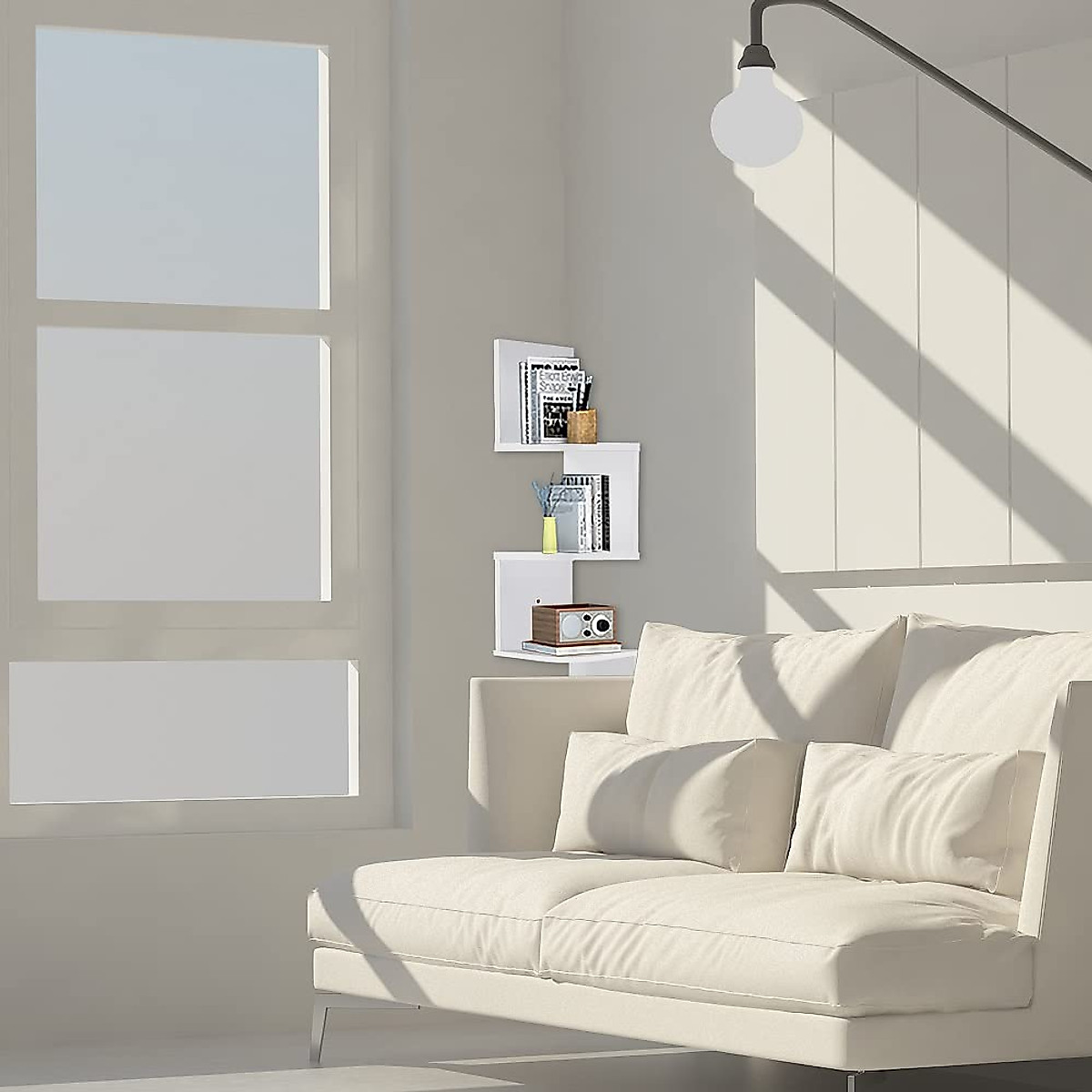 ZeHuoGe White 3 Tiers Wall Mount Corner Shelf Wood Storage Organizer W/Gradienter MDF + Melamine Board 7-7/8"L x 7-7/8"W x 32-1/4"H Height of Each Layer 7-7/8" Home Office US Delivery (White)