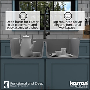 Karran QT-720 Drop-In Quartz Composite 34 in. 1-Hole 50/50 Double Bowl Kitchen Sink Kit in Black