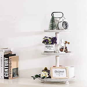 Urban Deco Wooden Tiered Tray 3-Tier Decorative Tray Stand Farmhouse Serving Tray, Round Wooden Cupcake Display Stand with Metal Handle, White Tiered Fruits Tray for Home Party Decorations