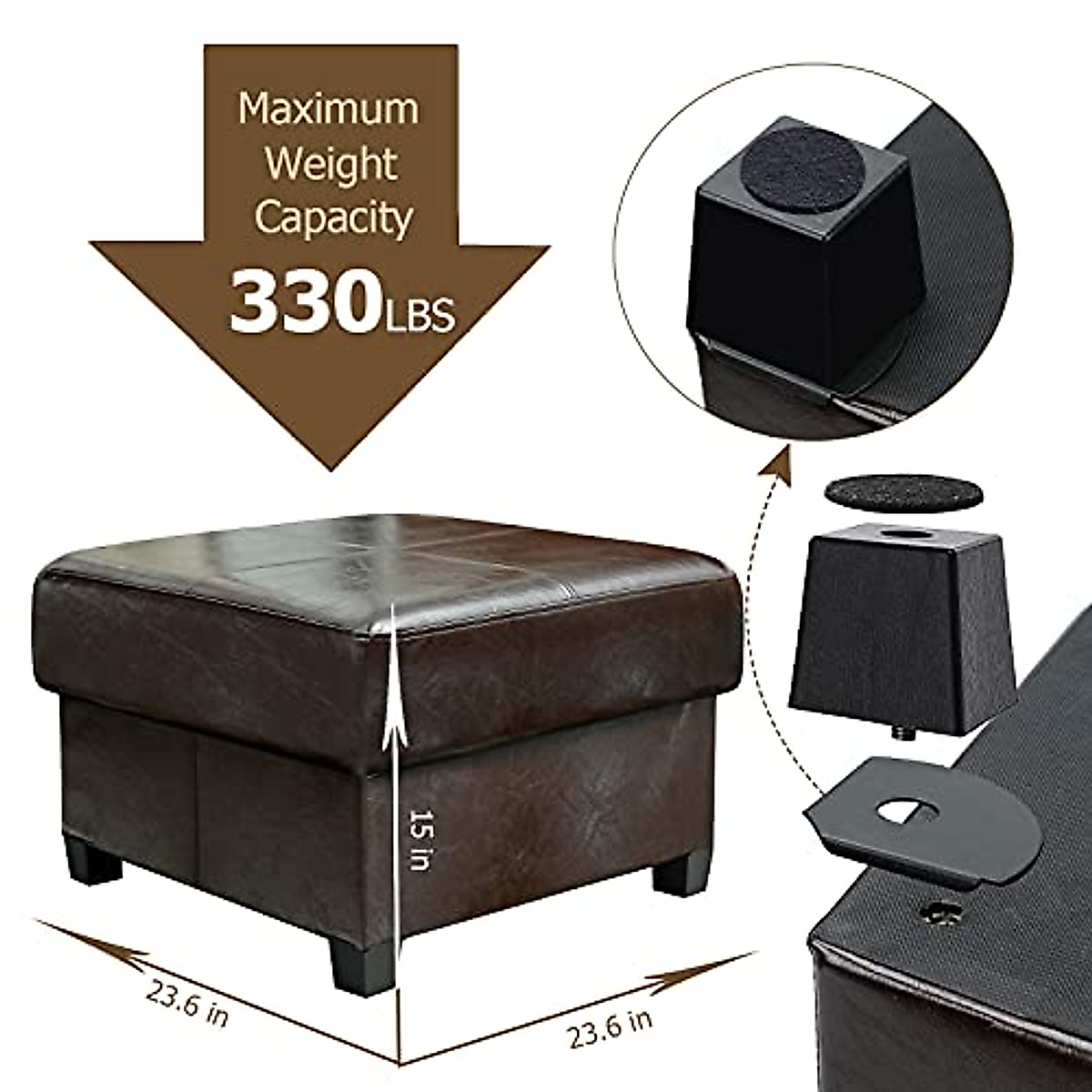 GLAXYFUR Folding Storage Bench, Cube PU Leather Footstool with Legs, Coffee Table, Ottoman with Storage for Living Room, 23.6 x 23.6 x15 Inches, Brown