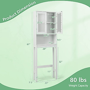 BestComfort Over The Toilet Storage Cabinet, Bathroom Organizer with Frosted Glass Doors, Adjustable Shelf, Open Compartment, Freestanding Over Toilet Rack Unit for Washroom Laundry (67'' H)