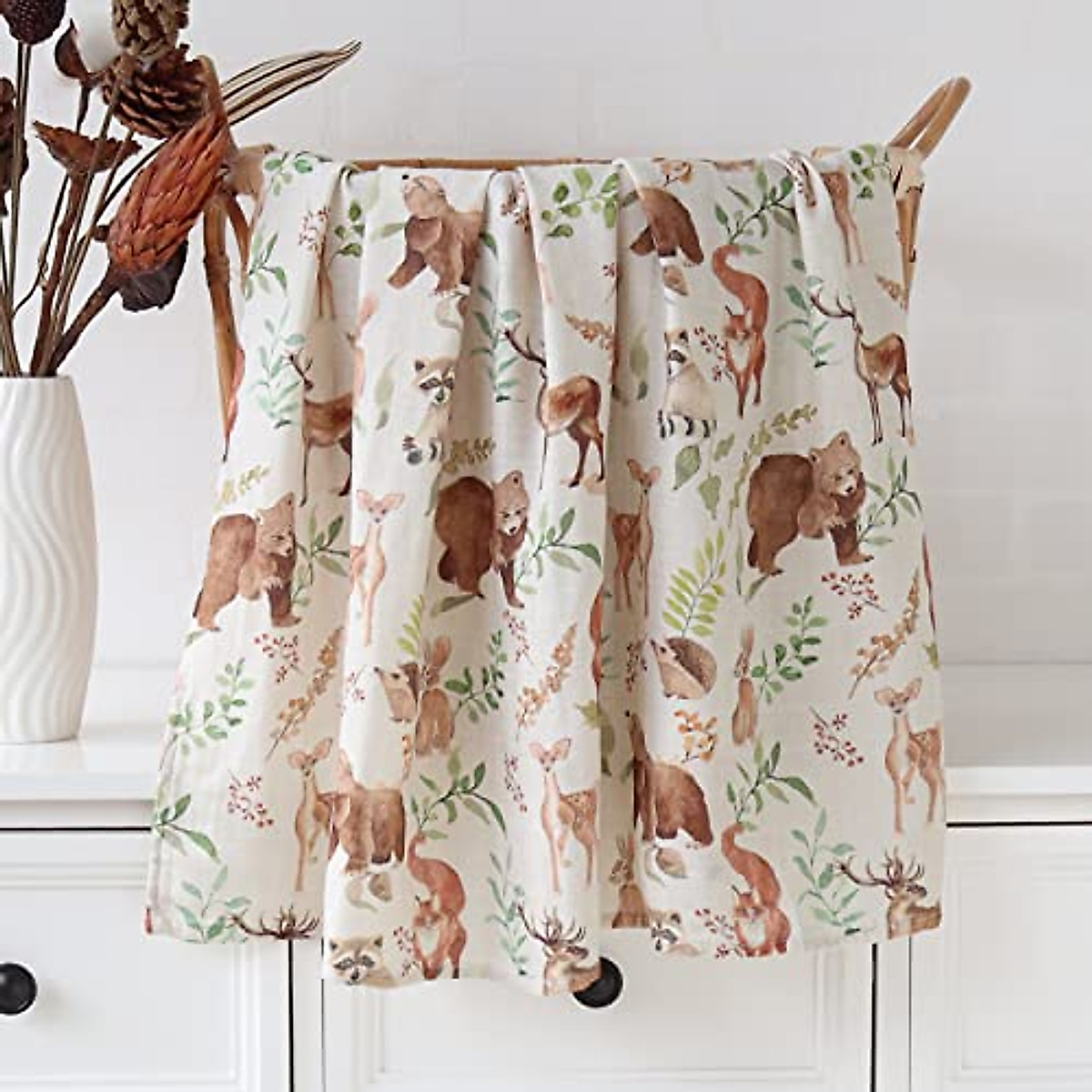 LifeTree Muslin Swaddle Blankets, Muslin Baby Boy Swaddle Blanket and Hat Set with Birth Announcement Card, Newborn Unisex Neutral Receiving Blankets Woodland Forest Animals