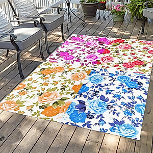 Colorful Flowers Patchwork Indoor Outdoor Area Rug 2x3 Waterproof Washable Reversible Rug for Patio Deck Backyard Balcony Boho Livingroom Bedroom Camping Rv Picnic Carpet Mat