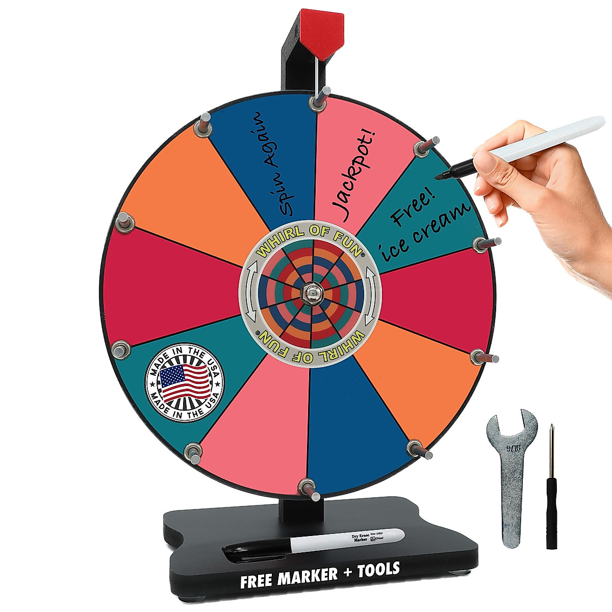 Whirl of Fun 12 inch Prize Wheel Spinner with Stand - Spinning Wheel for Prizes, 10 Color Slots, Customize Erasable Dry Erase Surface, Tropical Colors, Portable, Tools Included, Made in USA