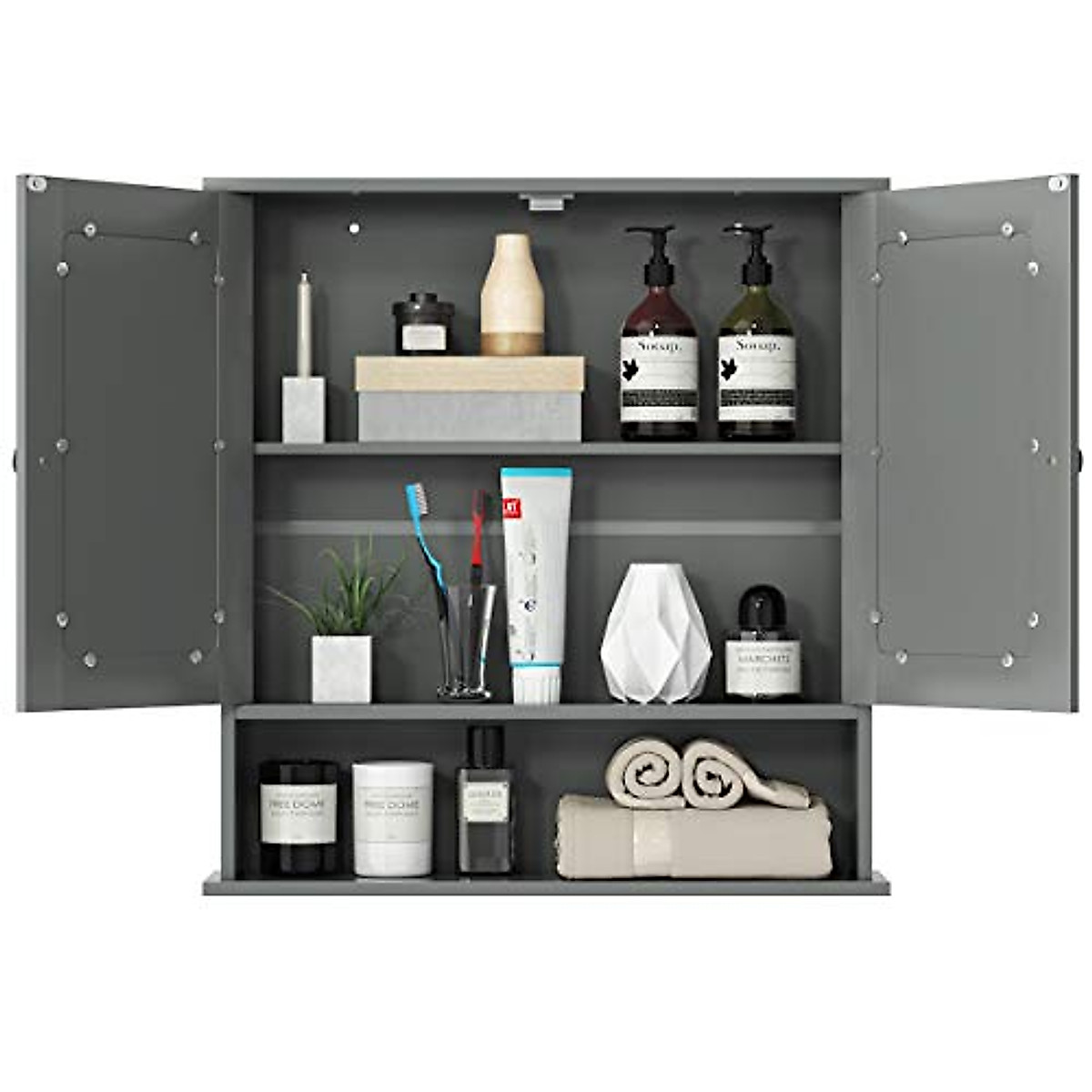 GLACER Bathroom Medicine Cabinet, Hanging Storage Cabinet with Double Mirror Doors, Perfect for Bathroom, Living Room, Corridor, Cloakroom, 22 x 5 x 23 inches (Grey)