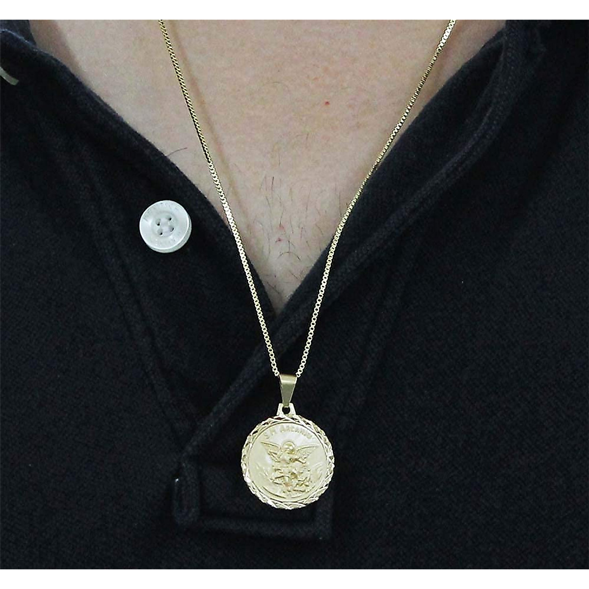 Tudo Jóias 18k Unisex Gold Plated Saint Michael Archangel Medal Pendant and Box Necklace 23.6 inches Made in Brazil