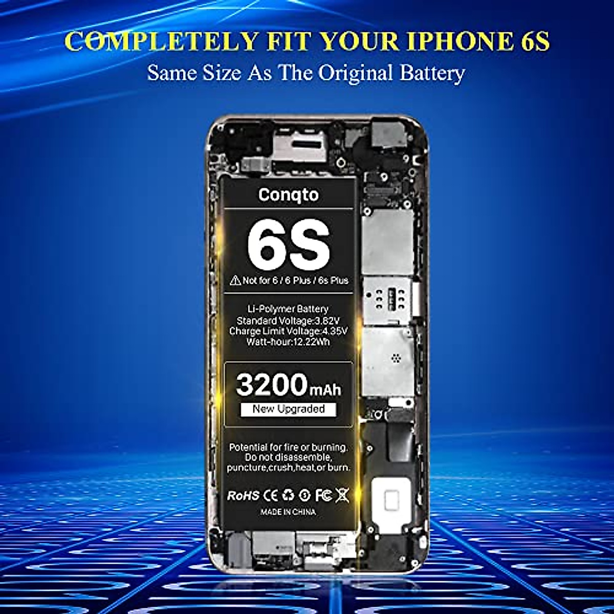 [3200mAh] Battery for iPhone 6S (2023 New Version), Conqto New Upgraded Higher Capacity 0 Cycle Battery Replacement for iPhone 6S Model A1633, A1688, A1700 with Complete Professional Repair Tool Kits