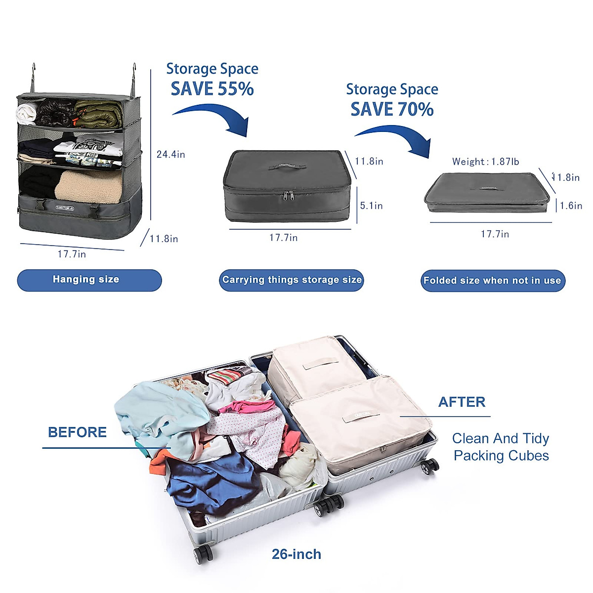 TABITORA Portable Hanging Travel Shelves Bag Packing Cube Organizer Suitcase Storage Large Capacity (Grey XL)