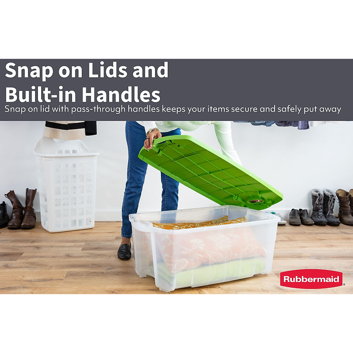 Rubbermaid 28 Gallon/112 Quart Jumbo Clear Tote, Pack of 2, Stackable, Large Capacity, Clear Bins/Bright Green Lids, Home, Garage, and Office Storage Organizer, Durable Snap-Tight Lids