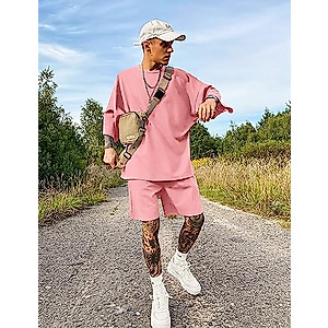 Babioboa Men's Sweatsuit Short Sleeve T Shirt Suit Summer Waffle Tee Short Sets Casual Daily Duty-off 2 pieces(Pink,S)