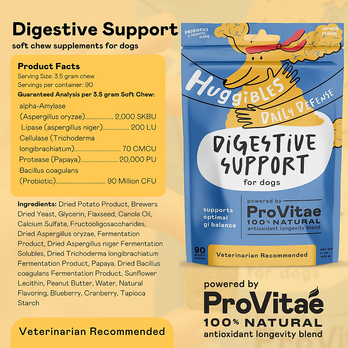 HUGGIBLES Digestive Support with Probiotic Supplement Chews for Dogs – Probiotics & Prebiotics for Daily Gut Health – Support Digestion & Tummy Troubles – Antioxidants for Longevity & Wellness