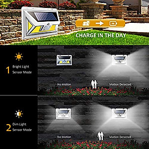 JUSLIT Solar Lights Outdoor, 74 COB LEDs Motion Sensor Light, 2 Modes Wireless Security Wall Lighting W/ 270° Wide Angle, IP65 Waterproof for Front Door, Yard, Garage, Garden, Deck, Porch (4PK)