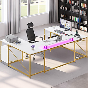DWVO U Shaped Desk with Drawers, 79" Reversible L Shaped Desk with Power Outlets & LED Lights, Corner Computer Desk with Monitor Stand & Storage Shelves, White & Gold