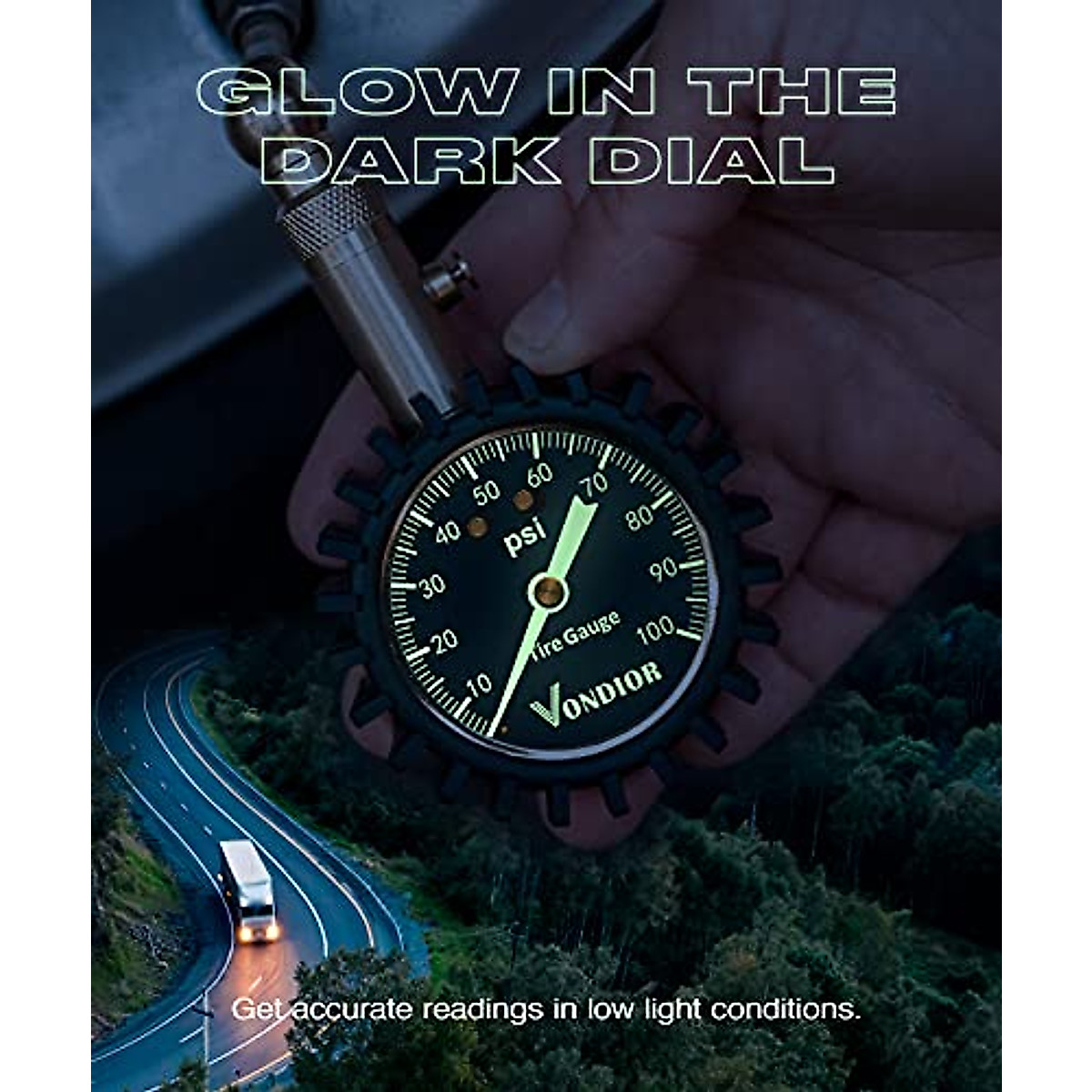 Vondior Tire Pressure Gauge (0-100 PSI) Heavy Duty, Certified ANSI Accurate with Large 2 Inch Easy to Read Glow Dial, Low - High Air Pressure Gauge. Tire Gauge for Car and Trucks Tires
