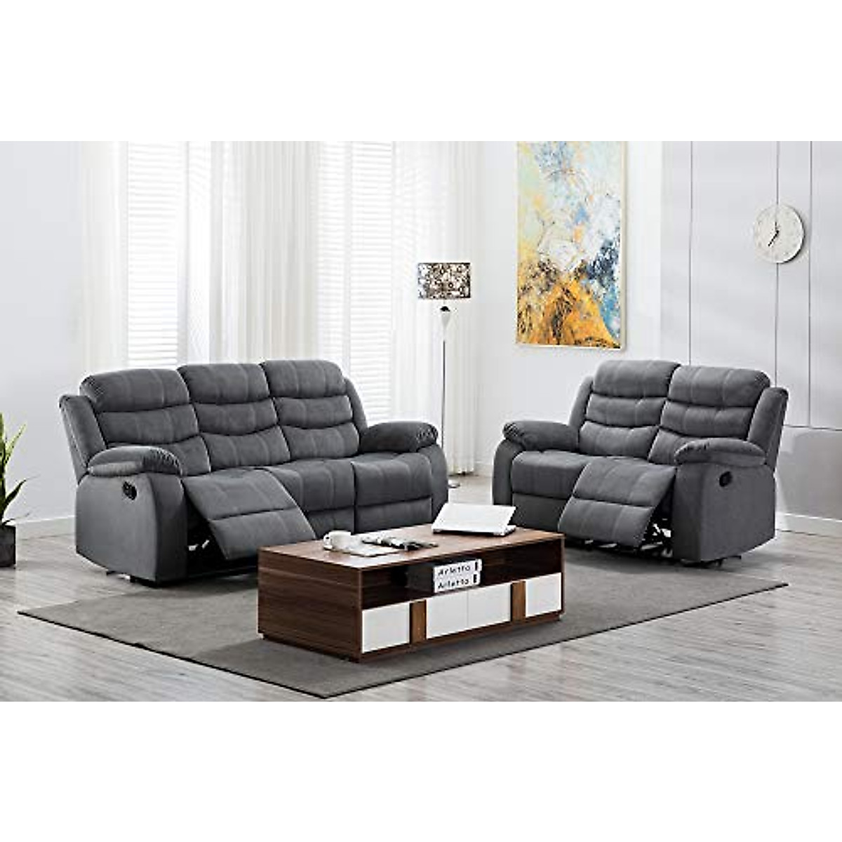 Kingway Modern Fabric 3pcs Reclining Set for Living Rooms Upholstered Manual Motion Couches Sofas, 3+2 SEAT, Gray