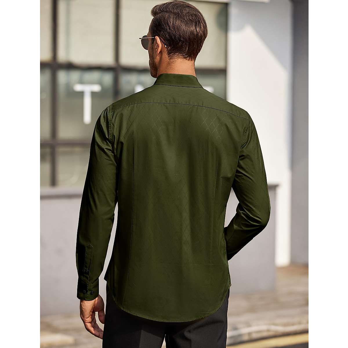 COOFANDY Mens Shirt Slim Fit Dress Business Plaid Button Down Collar, Army Green, Medium, Long Sleeve