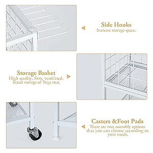 Home Gym Storage Rack, Workout Equipment Storage, Weight Rack for Dumbbells, Yoga Mat Storage Rack, Exercise Equipment Storage with Hooks Gym Organizers with Wheels for Yoga Block, Resistance Band, White