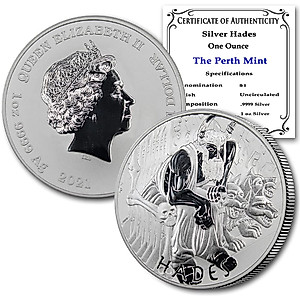 2021 AU Tuvalu 1 oz Silver Hades - Gods of Olympus Series Coin Brilliant Uncirculated with a Certificate of Authenticity $1 BU