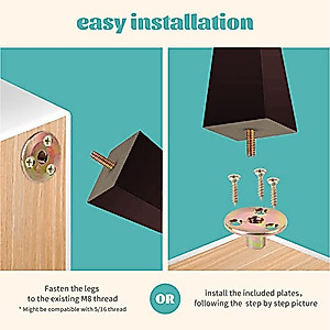 Txcucc Sofa Legs Square Bed Feet 2 inch Wood Replacement Leg for Furniture Set of 8, Dark Brown…