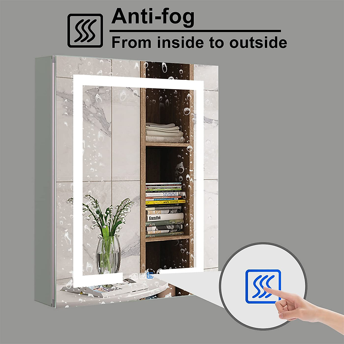 Liviza LED Bathroom Medicine Cabinet with Mirror, 24 x 30 Inch, Recessed or Surface Lighted Medicine Cabinet, Defog, Auto Memory Light Setting, 2 Outlets, Storage Shelves (Left Soft Close Hinge)