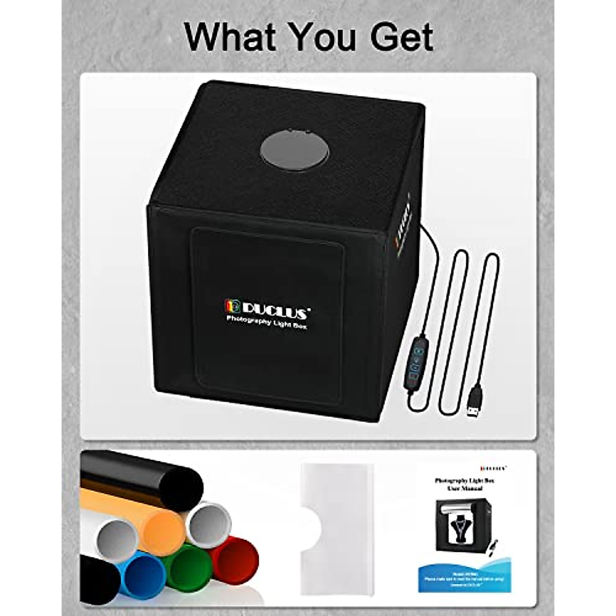 DUCLUS Light Box Photography, 16x16 inch Portable Photo Studio Box with 160 LED Dimmable Lights, 6 PVC & 2 Paper Backdrops for Product Photography.