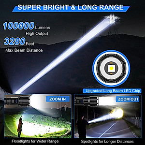 LED Magnetic Flashlights High Lumens Rechargeable, 100000 Lumens Super Bright Powerful Flashlight 8 Modes with COB Work Light, Zoomable, IPX7 Waterproof Small Tactical Flash Light for Camping