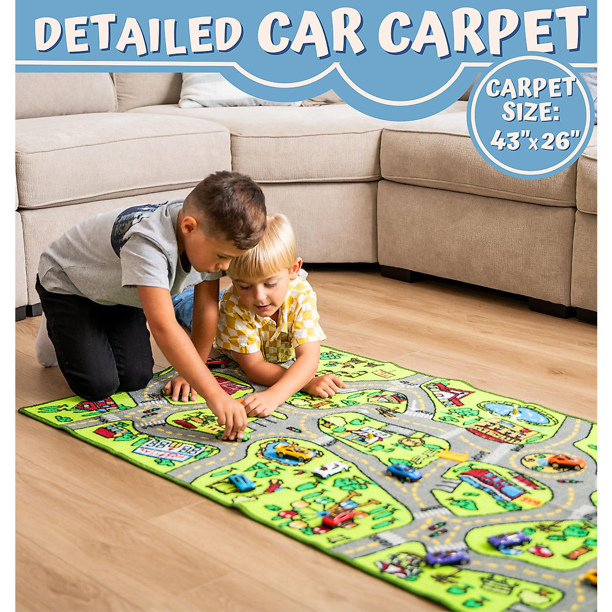 ToyVelt Kids Carpet Playmat Car Rug – Educational Road Traffic Carpet Multi Color Play Mat - Best Kids Rugs for Playroom & Kid Bedroom – for Ages 3-12 Years Old (43" L x 26" W)