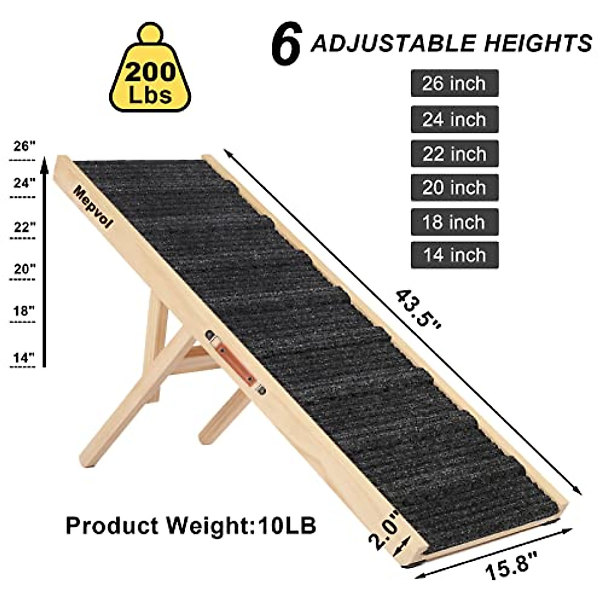 MEPVOL Dog Ramp,Stable Wooden Pet Ramp for Small and Older Animals,43.5" Long Dog Ramps with 8 Steps,Adjustable from 14" to 26", Folding Pet Ramps Great for High Bed Couch and Cars(251Lbs Capacity)