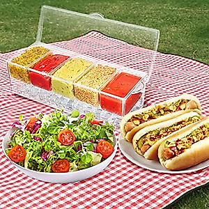 [Stainless Steel] 5 Spoons, 5 Forks and 1 Clip, Condiment Tray, Condiment Server, Caddy, Bar Garnish Holder on ice,Bar Accessories Fruit and Salad with Removable Trays with lid