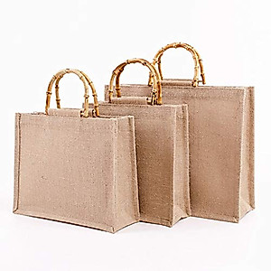 Kingjinglo Portable Burlap Jute Shopping Bag Handbag Bamboo Loop Handles Reusable Tote Grocery Bags for Women Girls