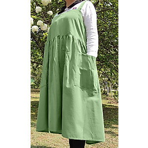 losofar Cotton Linen Square Dress Overalls Kitchen Gardening Solid Color Apron Flower Shop Smock (Green, 92cmx110cm)