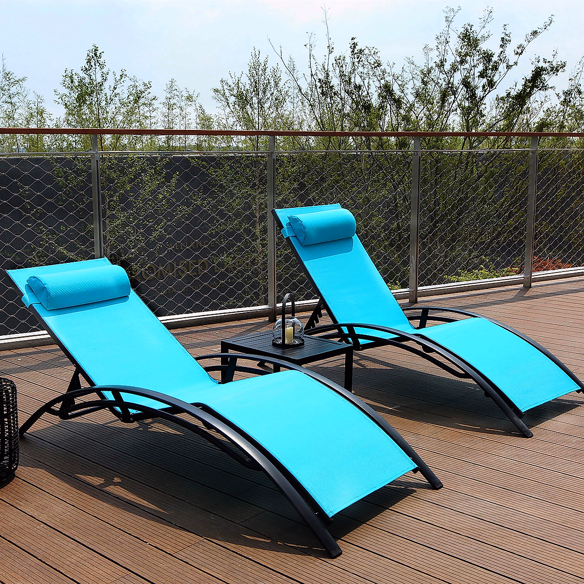 VARVIND Patio Chaise Lounge Chair Set of 3,Aluminum Outdoor Lounge Chair with Headrest,Sunbathing Lounger,Pool Tanning Chairs,Armrest Recliner Chiar with Side Table for Beach,Garden，Lawn(Blue)