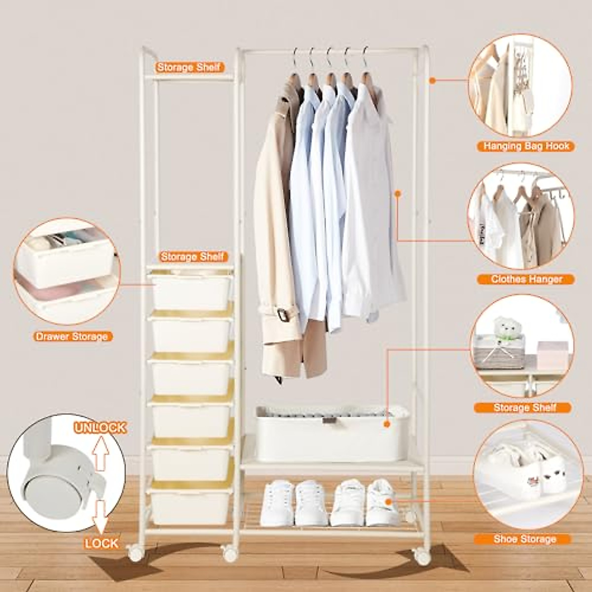 PACHIRA E-Commerce Rolling Clothes Rack for Hanging Clothes 6 Drawers, White Clothing Racks on Wheels Freestanding Clothing Garment Rack 37" W x 14.5" D x 66" H