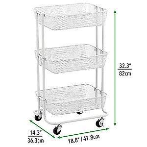 mDesign Metal 3-Tier Portable Rolling Household Storage Cart for Bathroom, Kitchen, Craft Room, Laundry Room, and Kid's Playroom - 4 Rotating Wheels - White
