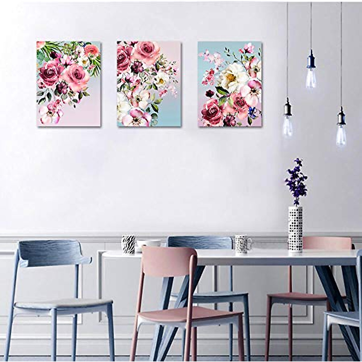 Flower Canvas Wall Art for Bedroom Woman Wall Decor Pink White Flowers Picture 3 Piece Framed Artwork Modern Plant Floral Canvas Prints for Kitchen Home Bathroom Girls Room Wall Decoration 12"x16"