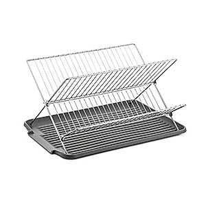 J&V TEXTILES Foldable Dish Drying Rack with Drainboard, Stainless Steel 2 Tier Dish Drainer Rack, Collapsible Dish Drainer, Folding Dish Rack for Kitchen Sink, Countertop, Cutlery, Plates (Gray)