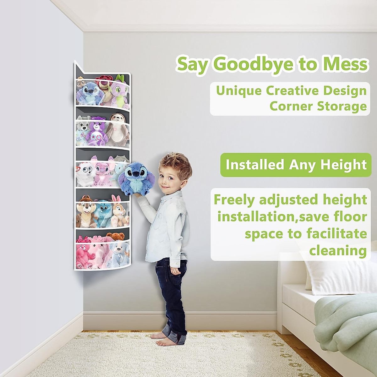 UVIAHOMI Sofe Corner Stuffed Animal Storage Toy Organizer, Child-Friendly Wall Corner Storage,Toy Shelf for Stuffed Animals, Diapers,Toys - Baby Ideas Holder with 5 Large