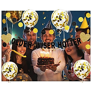 OLDER WISER HOTTER Banner Funny Birthday Party Decoration Supplies Glitter Hanging Garland Kit 10pcs Balloons Bunting 30th 40th 50h 60th 70th 80th Birthday Party Photobooth Backdrop Adult Black Gold