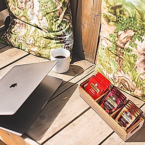 HTB Small Tea Bag Box Wooden, 3 Compartments Acacia Wood Tea Bag Chest with Handle, Mini Countertop Divided Storage Container for Beverage Supplies, Sugar, Sweeteners, Individual Packets