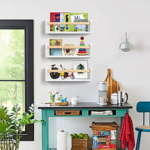 ZCO White Nursery Wall Shelves, 16 Inch Wooden Floating Shelves for Wall, Set of 3 Wall Mounted Shelves for Living Room, Bathroom Decor, Kitchen Spice Rack, White-Natural