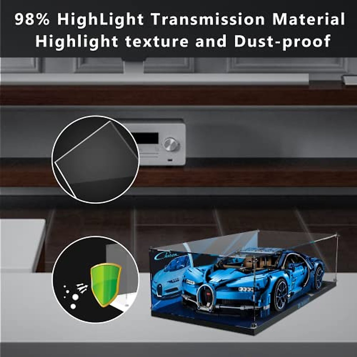 Xunsan Acrylic Display Case for Lego 42083 Series Construction Items-3MM Thick Dustproof Transparent Acrylic Display Box for Lego Technic Bugatti Chiron 42083（Display case only, no Model）