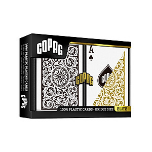 Copag 1546 Design 100% Plastic Playing Cards, Bridge Size (Narrow) Black/Gold (Standard Index, 1 Set)