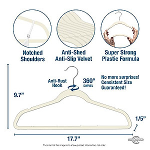 Closet Complete 71634 Supreme Quality, Heavyweight, 85-Gram, Virtually-Unbreakable Velvet, Ultra-Thin, Space Saving, No-Slip Suit Hangers, 360° Spinning Rose Gold Hooks, 50, Ivory, 50 Count