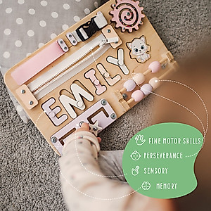 Name Puzzle Busy Board Custom Personalized Baby Gift Wooden Montessori Toys Learning Sensory Board Toddler Toys Fidget Zipper Buckle Plane Car Travel Boy Girl Latches Autistic Education Engaging Child