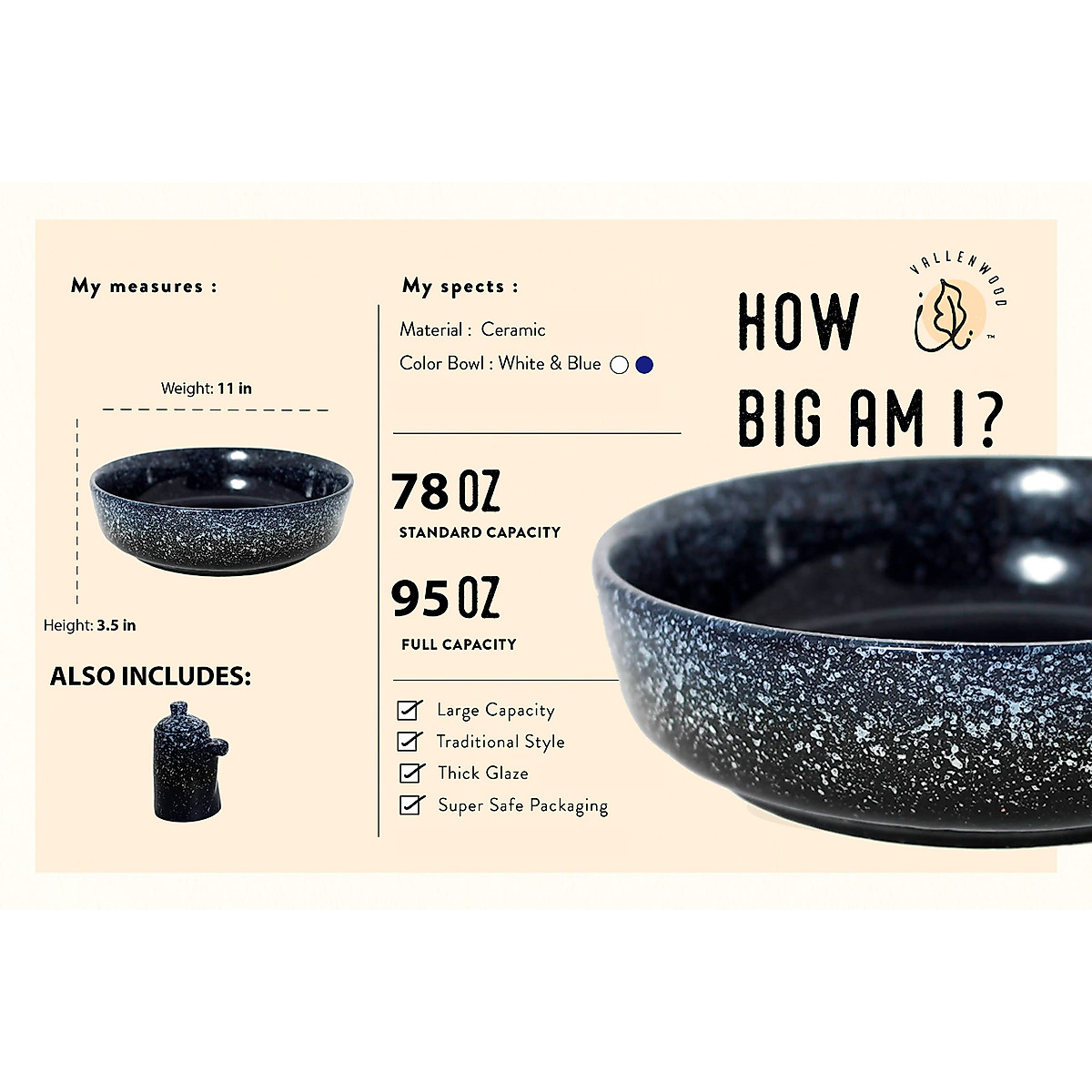 VALLENWOOD Extra Large Salad Serving Bowl, 11 inch. Big Ceramic Navy Dark Blue Pasta bowl Plus Oil Bottle. 95 oz. Beautiful And Elegant Huge Design. Giant Mixing and Fruit Bowls