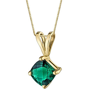 PEORA 14K Yellow Gold Created Emerald Pendant for Women, Classic Solitaire, 0.75 Carat, Cushion Cut, 6mm, AAA Grade