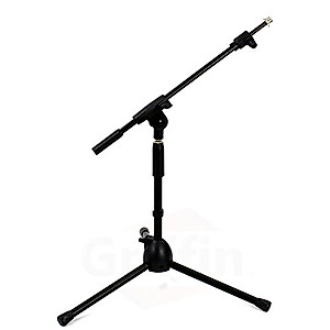 Short Microphone Stand with Boom Arm by GRIFFIN | Low Profile Tripod Mic Stand Mount for Kick Bass Drum, Studio Desktop Recording, Singing, & Guitar Amplifiers | Small Height Telescoping Boom Holder