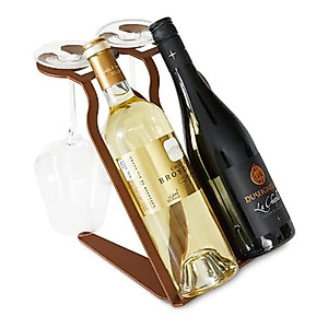 di prima usa Countertop Wine Rack Metal Wine Rack for Table – Small Wine Rack for Tabletop Décor – Wine Rack Holder for 2 Glasses & 2 Bottles - Corten/Chestnut
