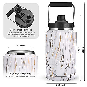 Sursip 128 Oz Insulated Water Bottle,One Gallon Vacuum Stainless Steel Double Walled Water Jug with 1pcs 30 OZ Mug(Inclue Brush/Straw)/Jug backpack,Sports,Travel,Games,Home use,School-marble