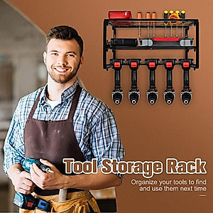 Bothixi Power Tool Organizer, Black Garage Tool Organizer Wall Mount, Drill Holder Tool Storage Rack for 5 cordless Drill Holders,Utility Rack with Hooks, Men Father's Day Gifts